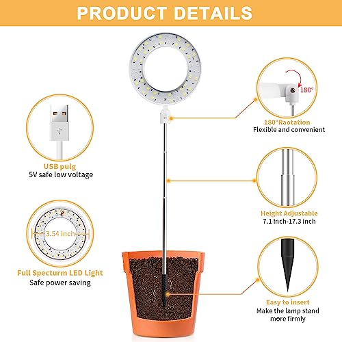 Juhefa Grow Light for Indoor Plants Growing, 4000K White Full Spectrum Halo Plant Lamp for Seedlings Succulents Small Mini Plants, Auto On Off Timer 4/8/12/18Hrs & 3 Colors Changeable