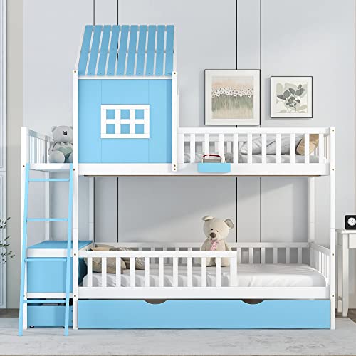 Lepfun Bunk Bed,Full Over Full Size Bunk Bed with Twin Size Trundle Bed, Farmhouse Bed with Storage Box and A Big Drawer for Kidroom,Bedroom and Dorm,Noise Free,No Box Spring Needed,Blue