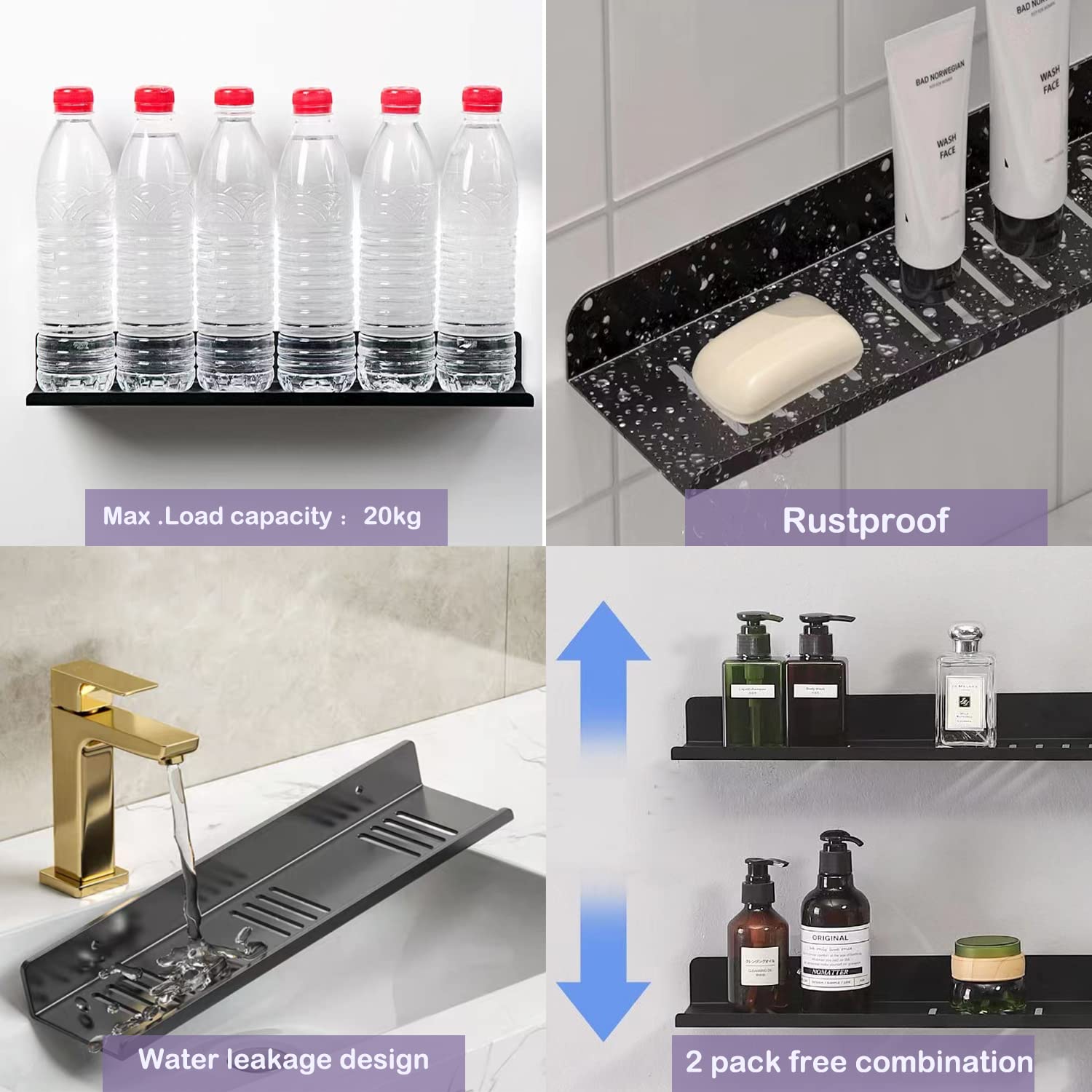 lifewinimall Shower Shelf No Drilling 2 Pack,Metal Kitchen Shelves Wall Mounted,Bathroom Countertop Organizer,Black Floating Shelf Organizer for Bathroom & Kitchen Storage (Black 40m)