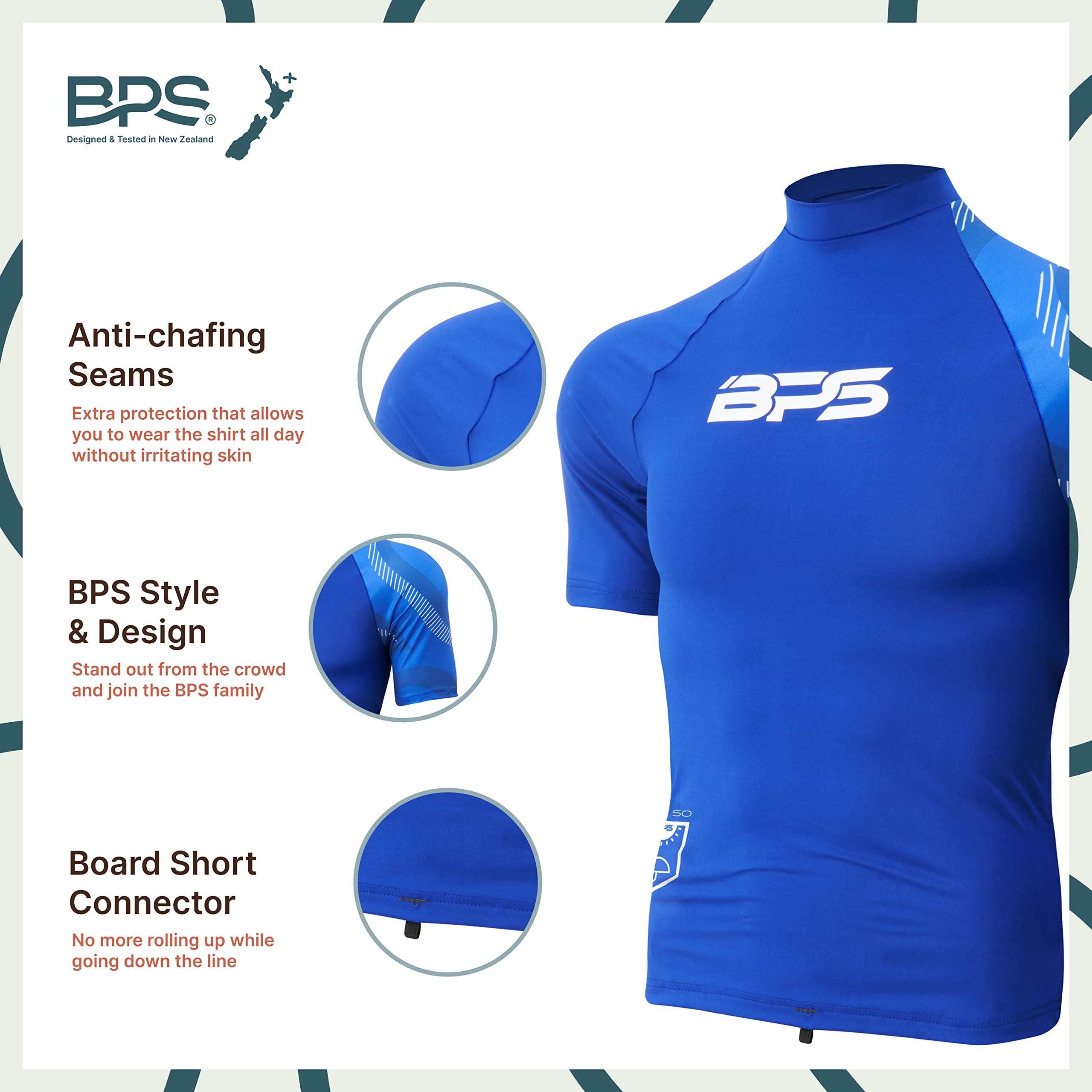 BPS Men's Short Sleeve Swim Shirt/Rash Guard with Sun Protection (Patterned Navy Blue, XXL)