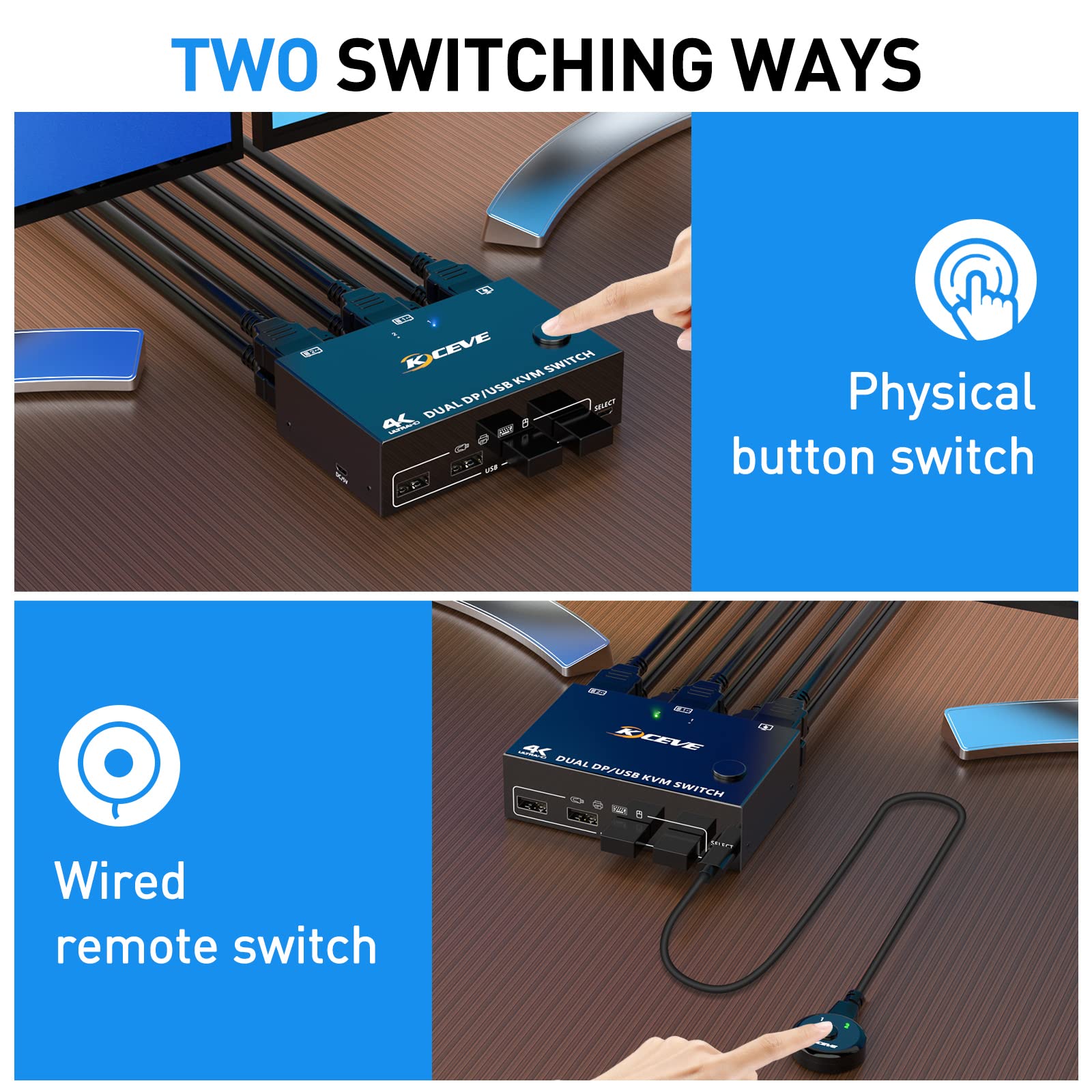 Dual Monitor KVM Switch DisplayPort 8K@30Hz 4K@144Hz 2 in 2 Out,DP KVM Switch and 4 USB Ports for 2 Computers,Backnward Compatible DP1.2 with DP+UBS Cables and Wired Controller
