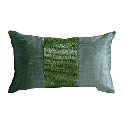 The HomeCentric Green Pillow Covers 12x20 inch (30x50 cm), Green Lumbar Pillow Cover, Metallic Beaded Centered Sparkly Lumbar Pillow Cover, Rectangle Silk Lumbar Pillow Cover Solid - Green Center