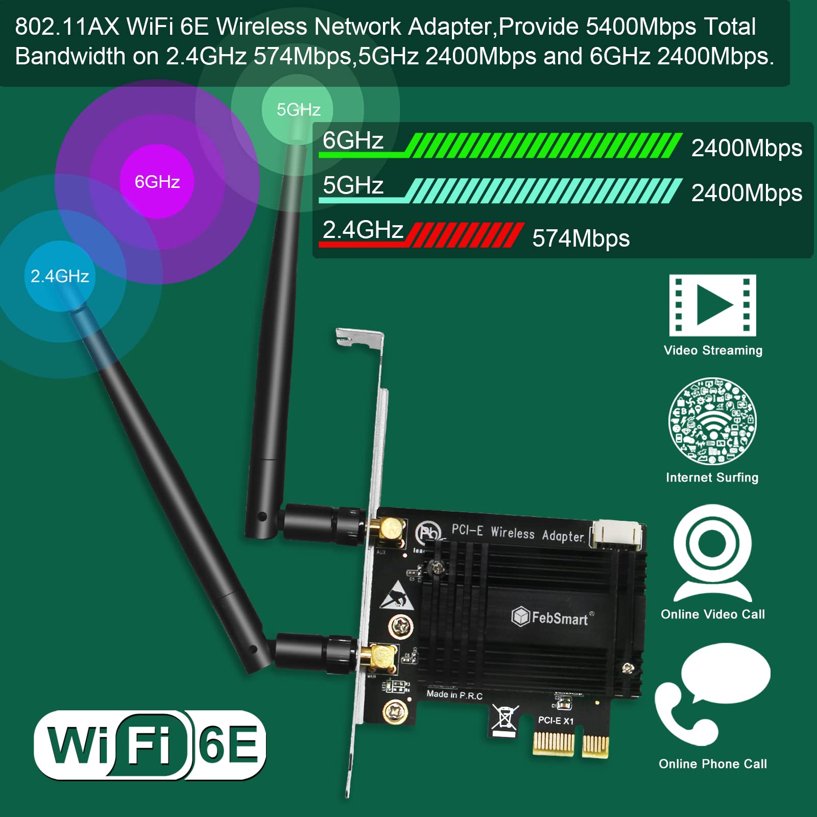 FebSmart WiFi 6E 5400Mbps Tri-band PCIE WiFi Card for Windows 11, 10 64bit and Linux Kernel 5.1 Desktop PCs, 2.4GHz 574Mbps, 5GHz 2400Mbps and 6GHz 2400Mbps for Gaming, Intel WiFi 6E AX210NGW (AX5400)