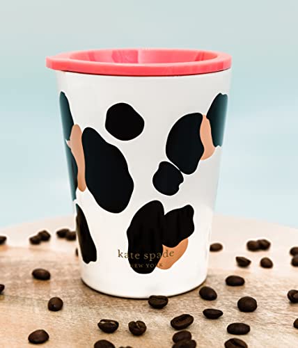 Kate Spade New York Small Insulated Coffee Cup with Lid, Leopard Print Double Walled Stainless Steel Mug, 12oz Coffee Tumbler, Forest Feline