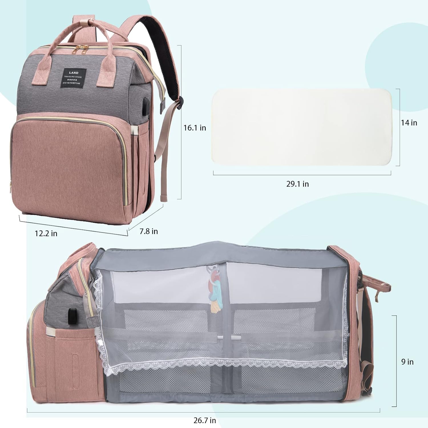 Fandiar Diaper Bag with Changing Station, Diaper Bags for Baby Girl Boy Multi-Function Travel Portable Bassinet Backpack Mommy Bag, Large Capacity, Water Resistant and Stylish
