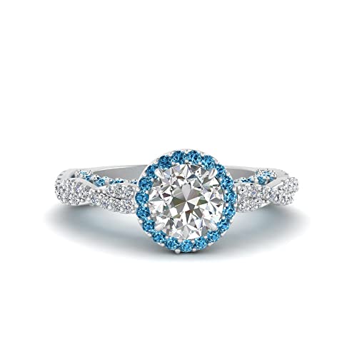 CaratYogi Vintage Braided Band Engagement Ring sterling silver Natural Blue Topaz Round shape Blue color Halo Engagement Rings prong Setting in Size 7 Handcraft Chakra Healing