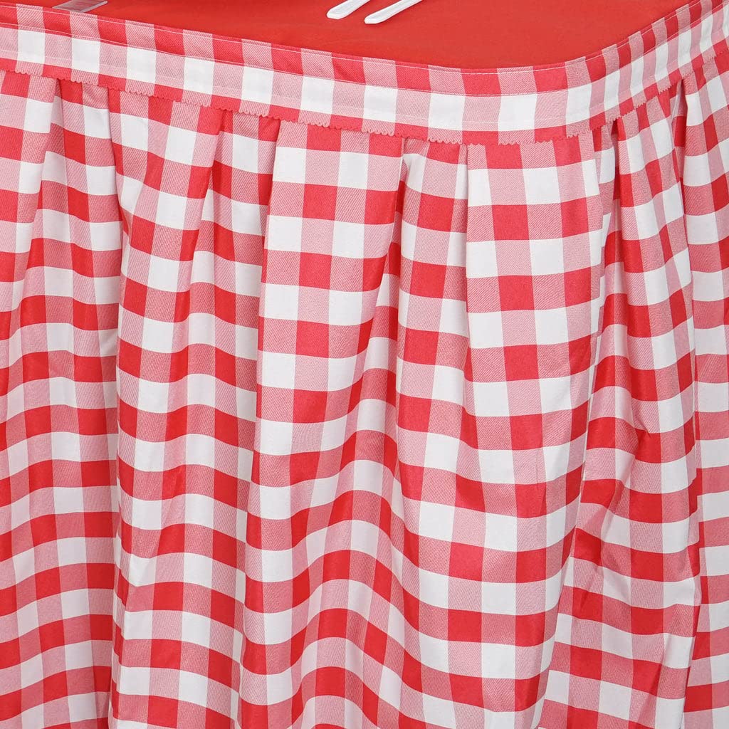 TABLECLOTHSFACTORY 17FT Perfect Picnic Inspired White/Red Checkered Polyester Table Skirt for Kitchen Dining Catering Wedding Decorations
