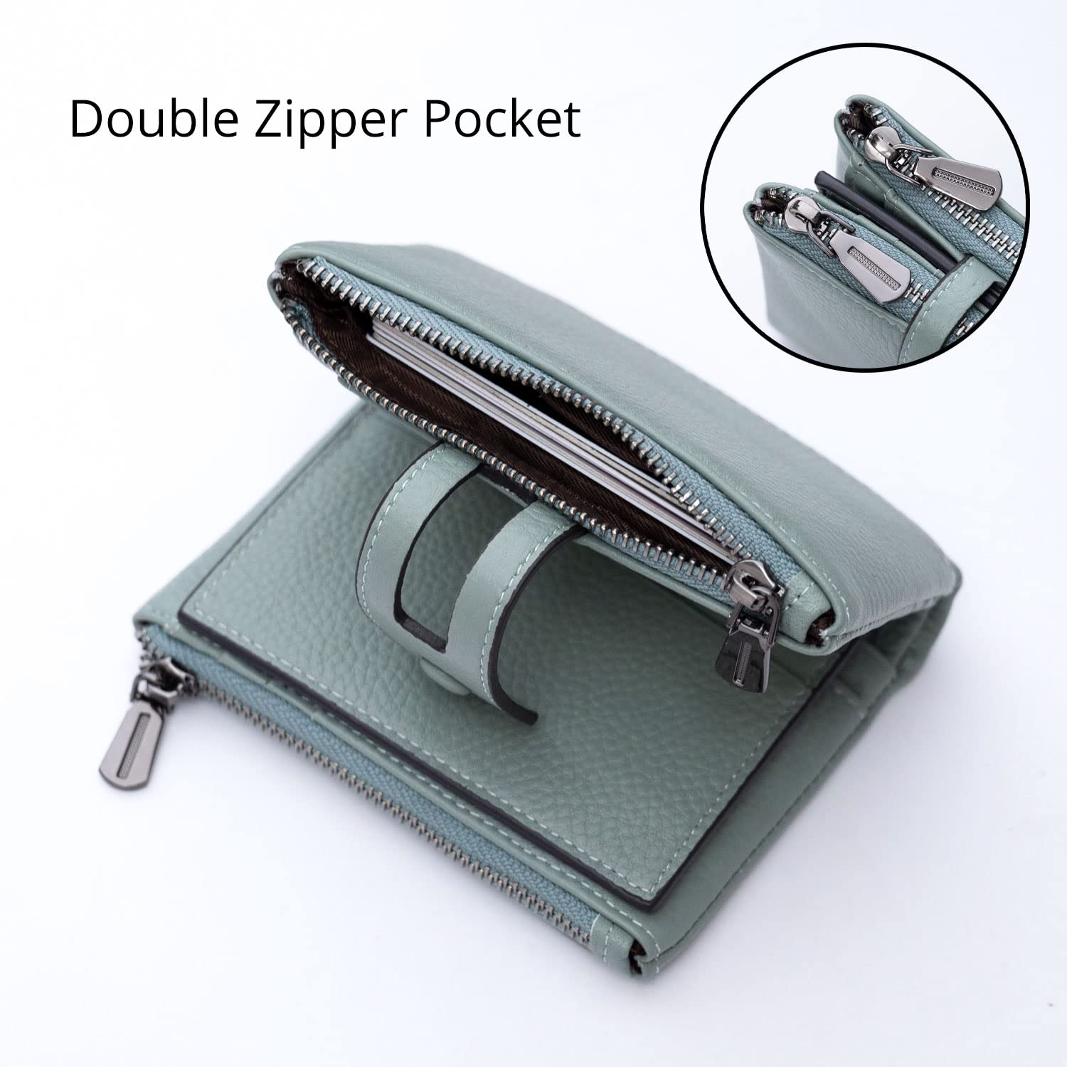 Bveyzi Small Soft Leather Wallet for Women RFID Blocking Ladies Card Holder with Double Zipper Pocket (Mint Green)