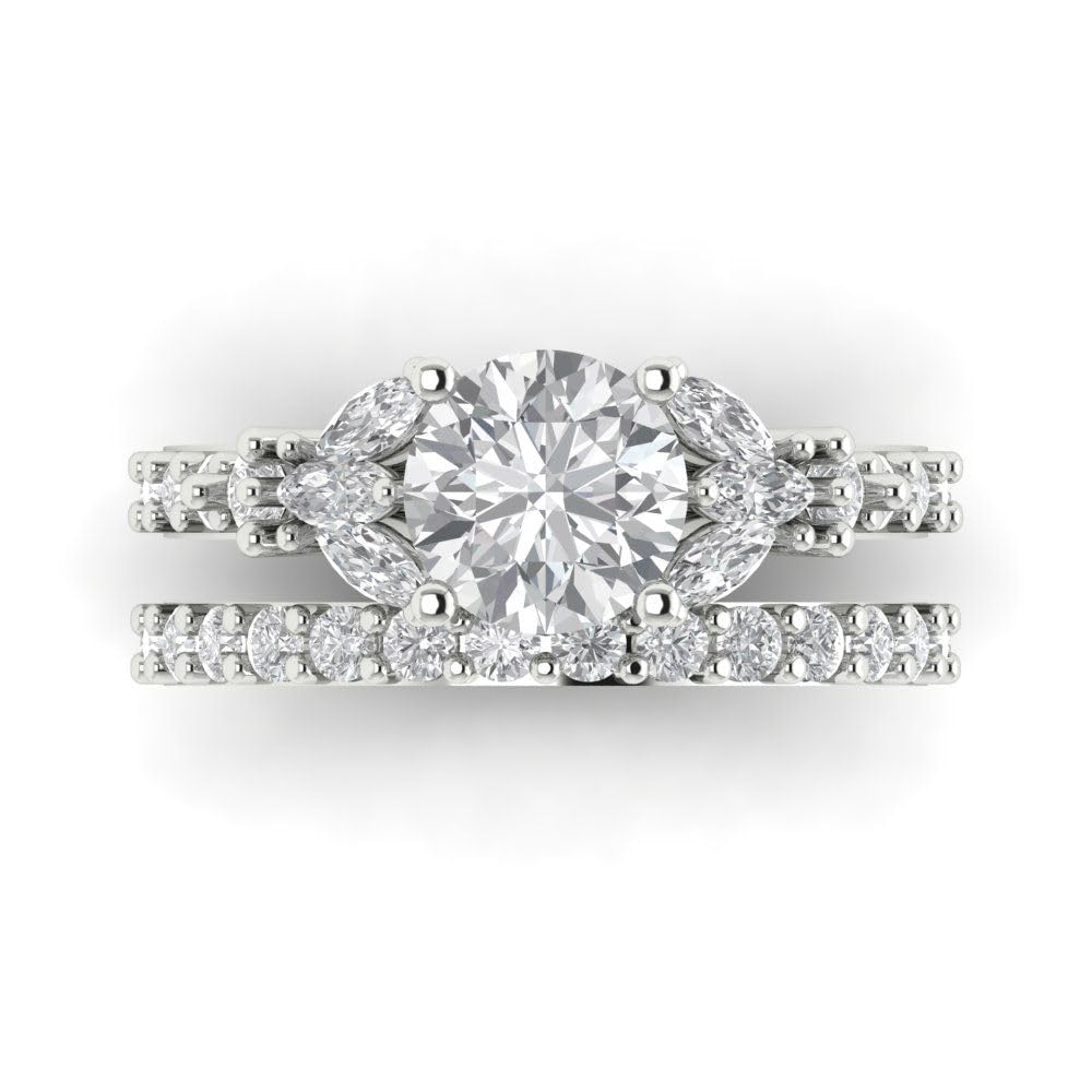 Clara Pucci 2.66ct Round Marquise cut Engraving Solitaire 3 stone W/Accent Moissanite Wedding Anniversary Ring set 14k White Gold 7.25