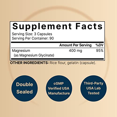 NatureBell Magnesium Glycinate 400mg (Elemental), 270 Capsules β 100% Chelated for Max Absorption | Non-GMO & No Gluten, Bioavailable Mineral Supplement for Muscle, Joint, Enzyme, & Heart Health