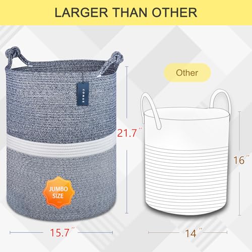COMSE Extra Large Blanket Basket, Tall Laundry Basket, Laundry Hamper, 15.7βx 21.7β, Storage Basket, Blanket Basket for Living room, Toy Basket, Woven Basket, Clothes Baskets,Blend Navy Blue/White