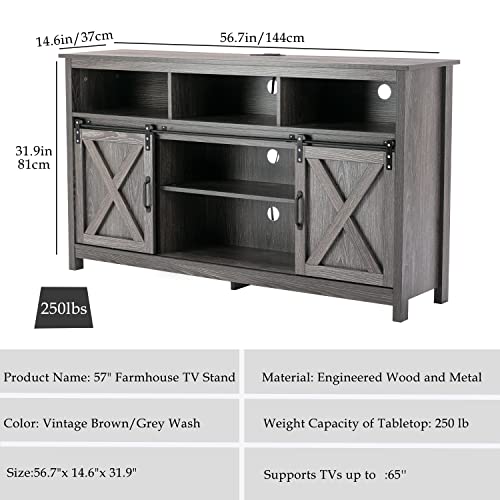 Vinctik 6&Fox 57β Wooden Farmhouse TV Stand for 60/65 inch TV,Double Layer Storage Entertainment Center TV Console Table,w Double-Row Sockets and 2 Sliding Barn Door,Media Cable Box(Grey Wash)