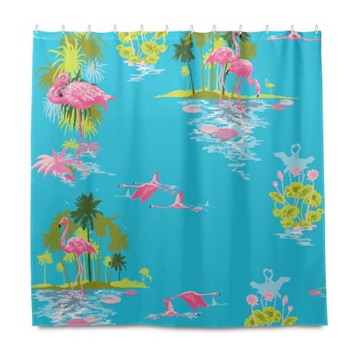 BLuevi Summer Flamingos Shower Curtain for Bathroom Waterproof Fabric with Hooks 72x72 Inch