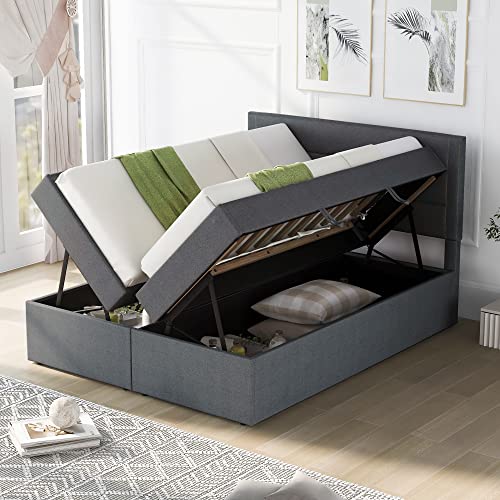BOVZA Queen Size Upholstered Platform Bed Frame with Headboard and Storage Underneath, Space Saving, Gray