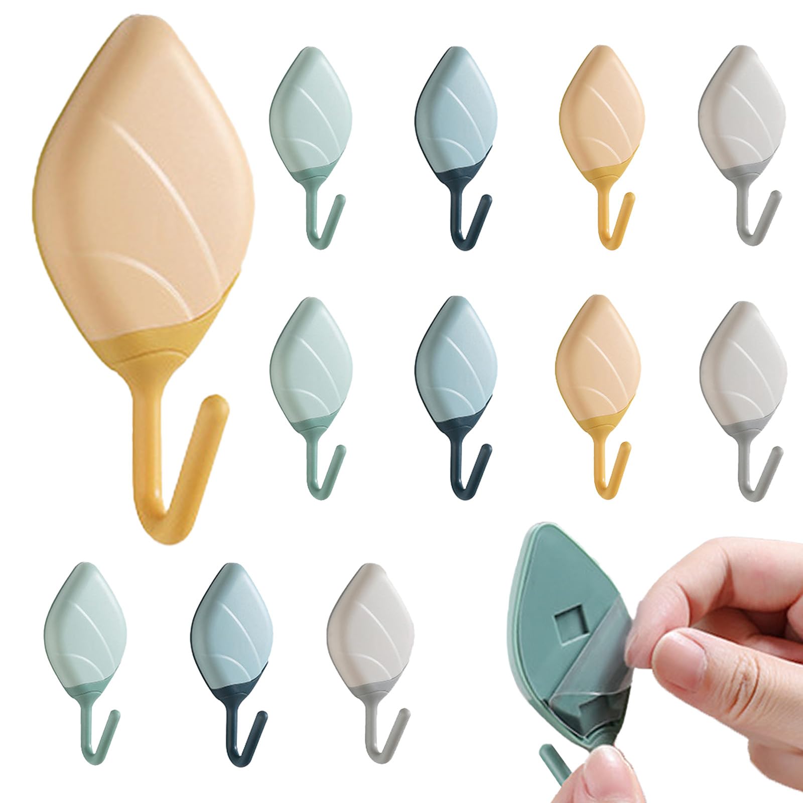 DueHoppee 12 Pcs Adhesive Hooks,Cute Stylish Leaf Shaped Hooks for Wall Decorative,Plastic Hooks to Organize Kitchen Office Bathroom Items,Damage-Free Sticky Hooks (Mixed Color)