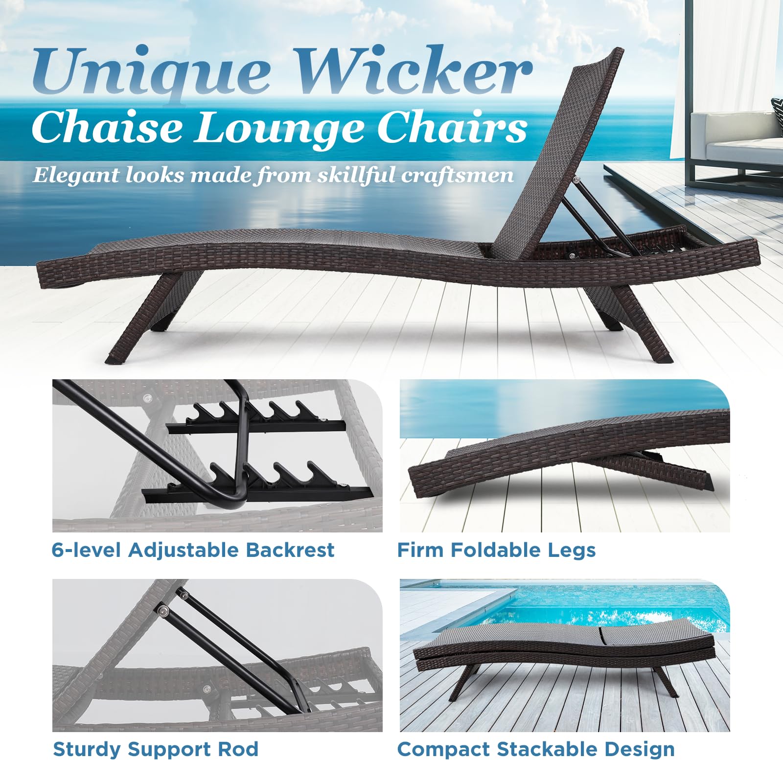 IDZO Katalina Chaise Lounge Set of 2-500lbs Support, UV Wicker, Ergonomic Wave Design, Reclining Backrest, Patio Furniture Set, Multi-Brown