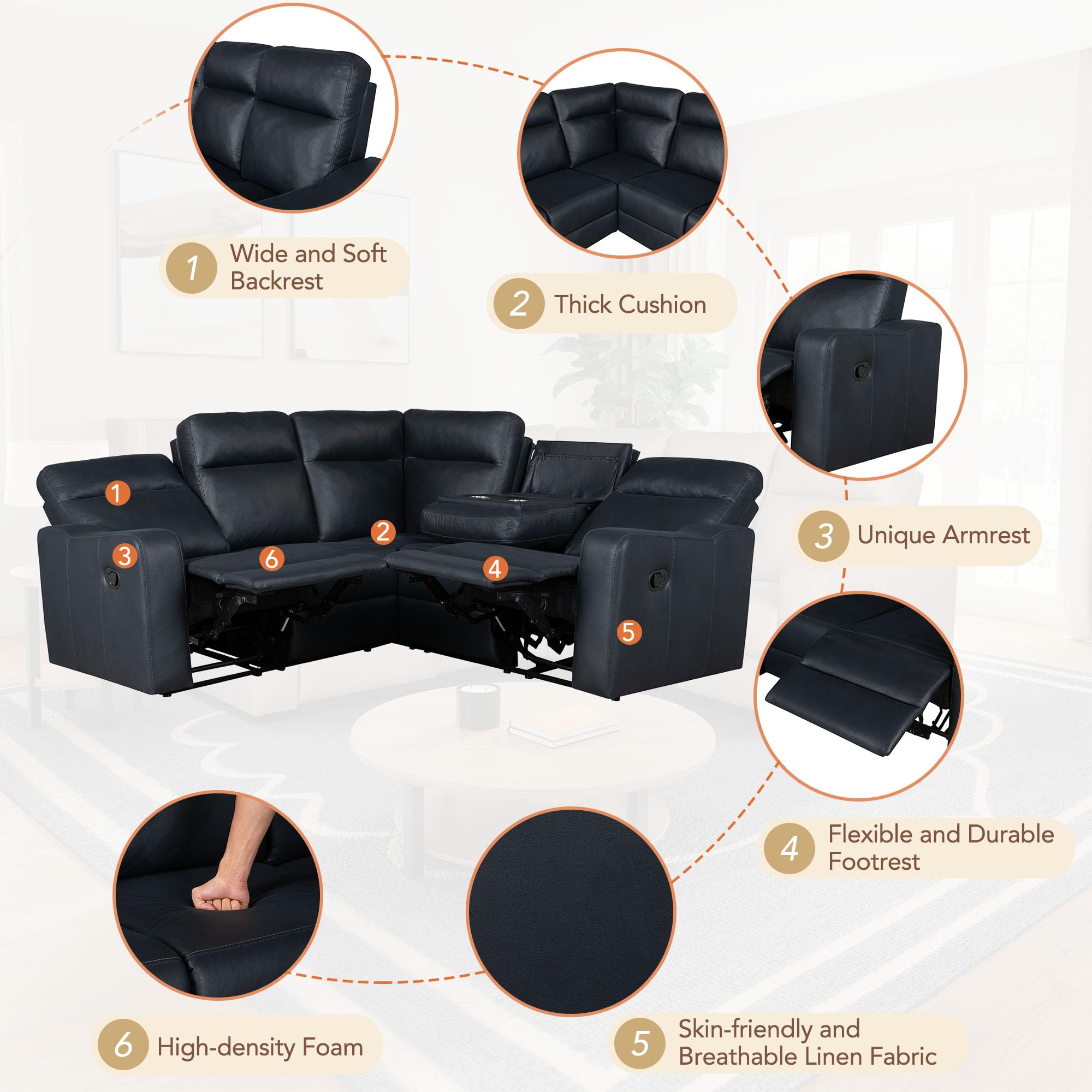 Cutimrke Home Theater Seating Sectional Set, 87.5” Manual Recliner Chair Sofa, Black Blue
