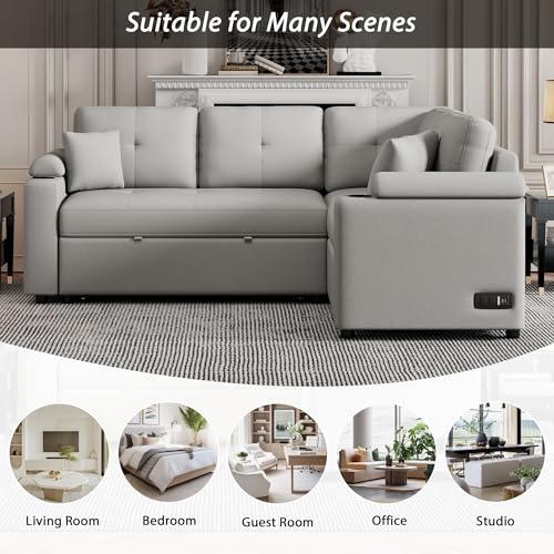 FANYE L-Shape Plush Tufted Upholstered Sleeper Sectional Sofa Convertible Sleep Sofabed W/Pull Out Couch Bed,Cupholders,USB Charging Ports and Power Sockets for Living Room
