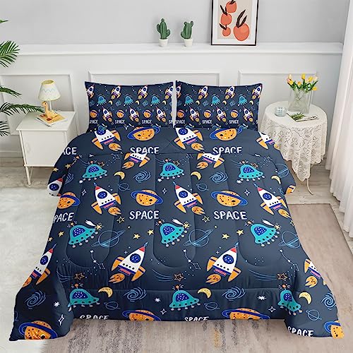 Datura home Kids Space Ship Bedding Comforter Set Galaxy Rocket Printed Pattern Bedding Set with 1 Comforter and 2 Pillowcases for Boys Bedroom All Season(Galaxy Ship Full) Full 80x90''