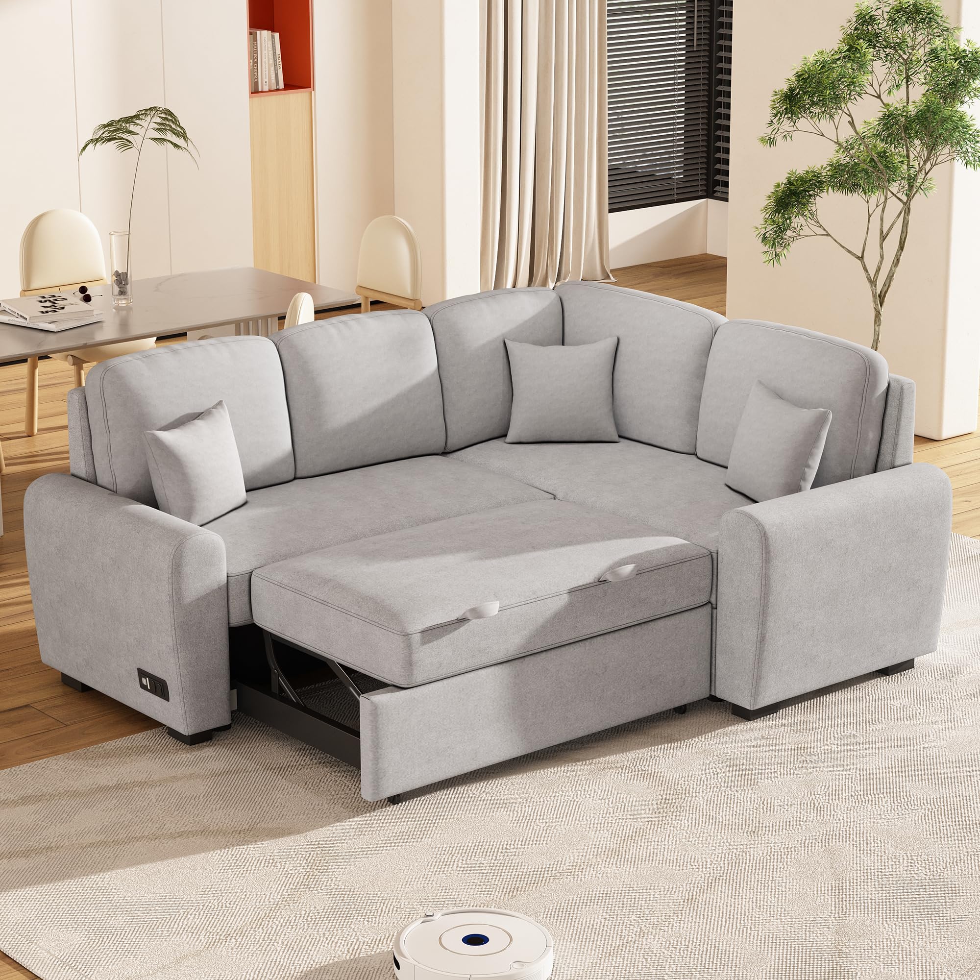 FANYE Pull-Out Sleeper Sofa Bed,L-Shaped Reversible Modular Sectional Couch Convertible Corner Sofá,4-Seat Chenille Upholstery Couches Chaise Lounge Sofacama with USB Ports,Plug Outlet and 3 Pillows