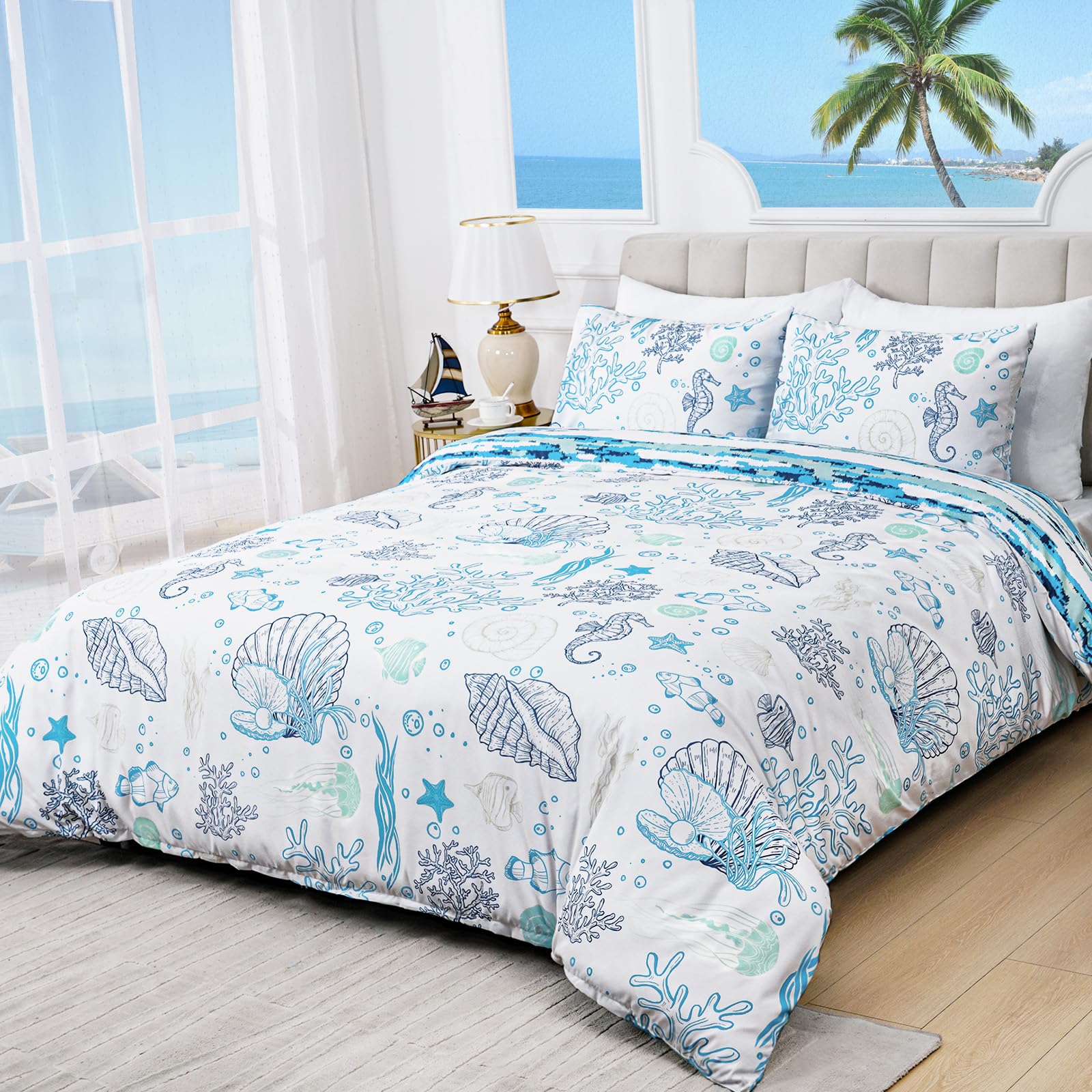 Likiyol Duvet Cover King Set, Coastal Comforter Cover with Zipper Closure, Seashells and Sealife Nautical Soft Microfiber Bedding Sets 3 Pieces(1 Duvet Cover+2 Pillowcases)