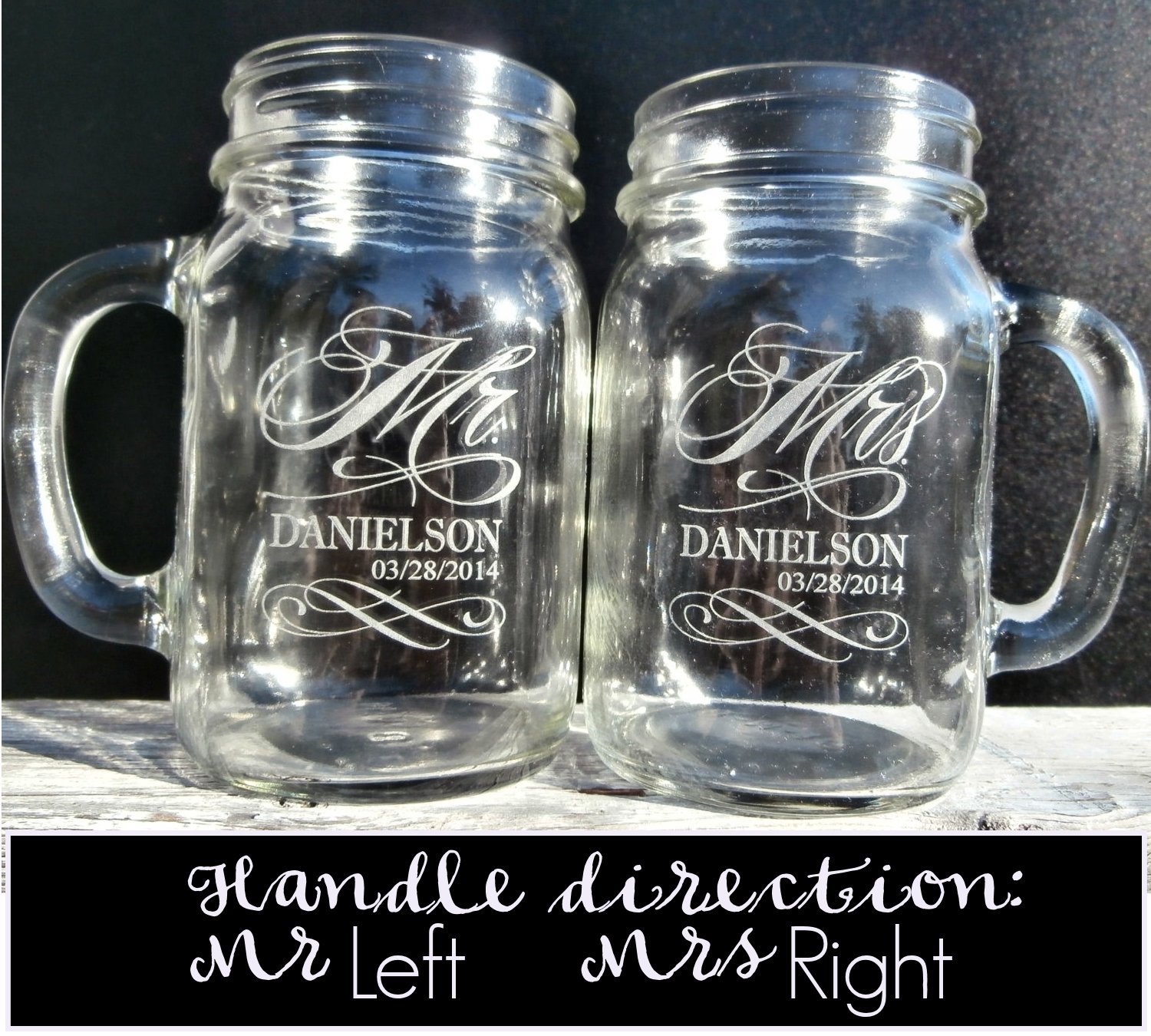 Custom Etched Mr. Mrs. Personalized Mason Mugs with Handle With Last Name and Date Set of 2, Clear