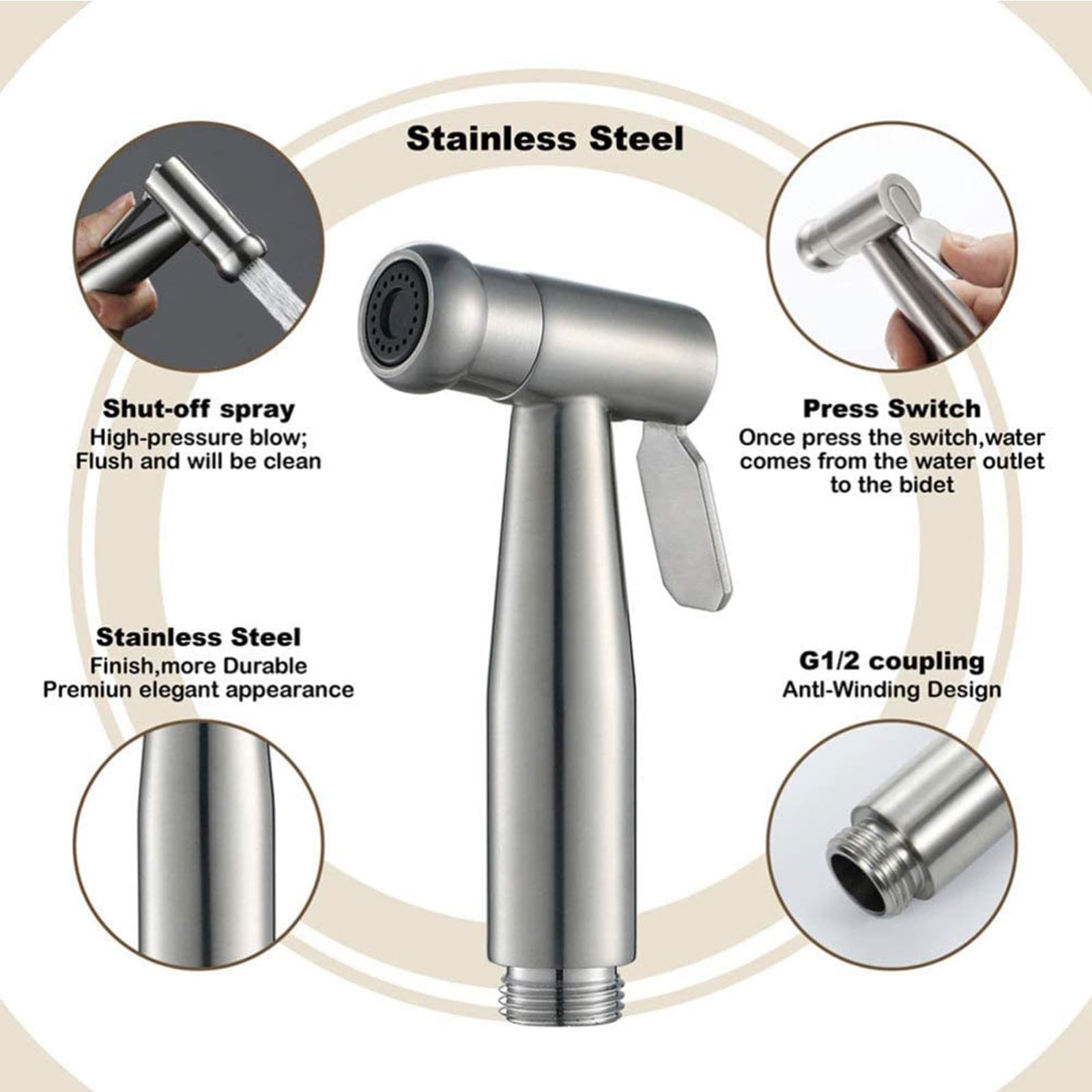 Handheld Bidet Sprayer,Bidet Sprayer Toilet Sprayer/Hand-held Stainless Steel Sprayer with Hook, Easy to Install, for Personal Hygiene and Bedpan WC Sprayer