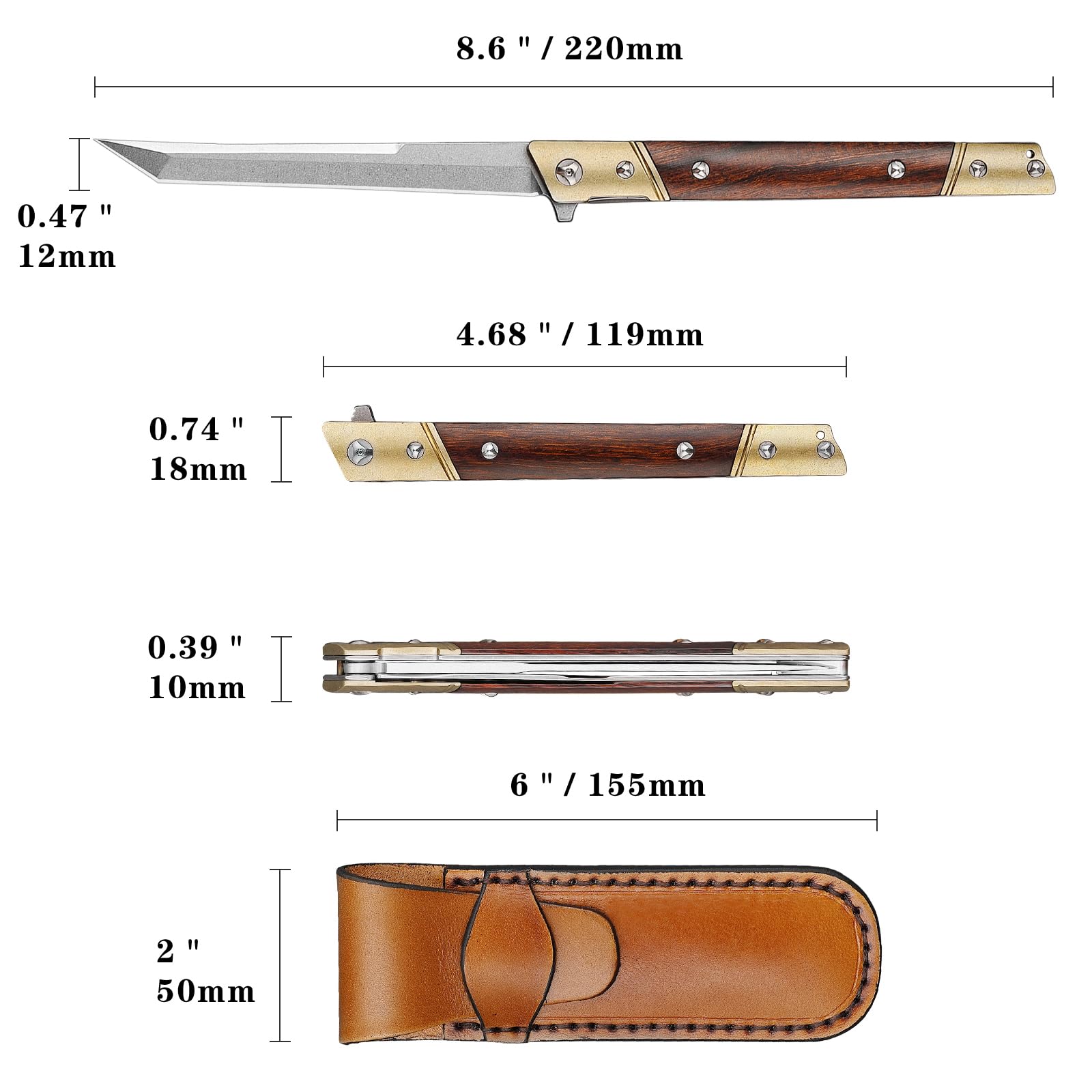 EDC lightweight Folding Pocket Knife,M390 steel gentleman's knife,3.9”Stone washing effect blades,With handmade quality knife sheath,Desert Ironwood Handle,Camping Outdoor Daily Carry folding knife