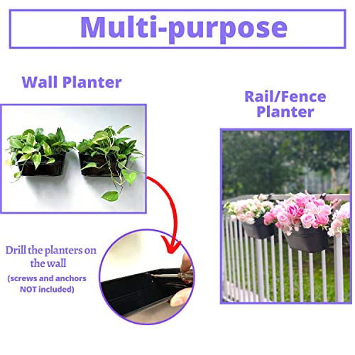 LaLaGreen Outdoor Rail Planter - 6 Pack, 11.2 Inch Black Metal Iron Hanging Flower Pots Deck Railings Fence Buckets Modern Countryside Boho Style Wall Mount Window Box Plant Holder Hooks Porch Decor
