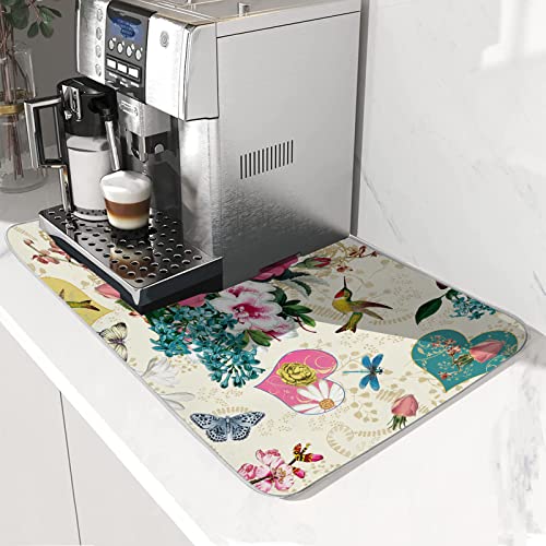 Dish Drying Mats for Kitchen Counter, TOPCARPENTER 18*24 inch Spring Flower& Hummingbirds Dish Drainer Mat, Ultra Absorbent Microfiber Dish Drying Pad for Kitchen Counter Coffee Bar