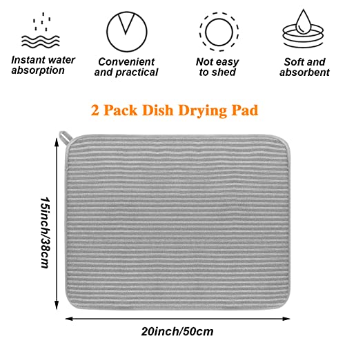 Dish Drying Mat for Kitchen Counter,Absorbent Drain Mats with Mircofiber,Dish Drying Pad,20"x15",2 Pack Grey