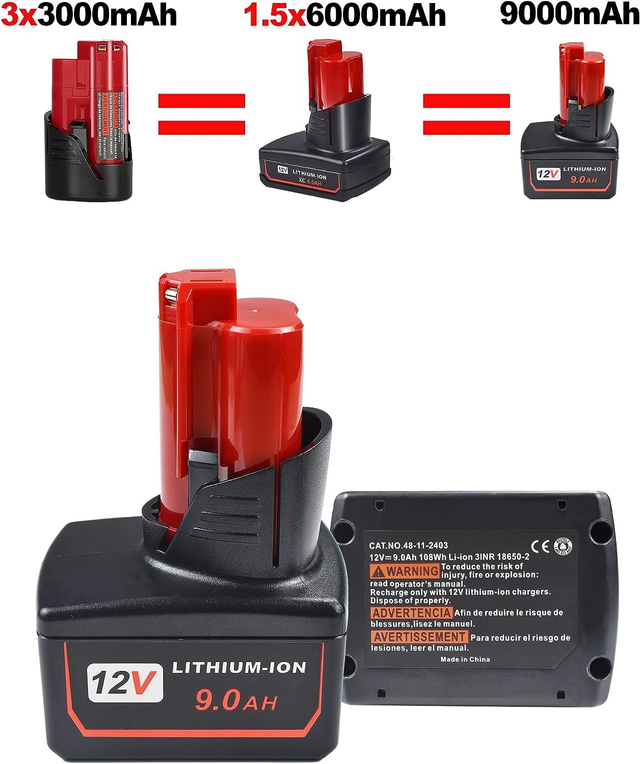 CHAUNVEN Battery 12V 9.0Ah M12 Battery Replacement for Milwaukee M12 Battery 48-11-2440 48-11-2402 48-11-2411 fit M12 12-Volt Cordless Tools 2 Pack