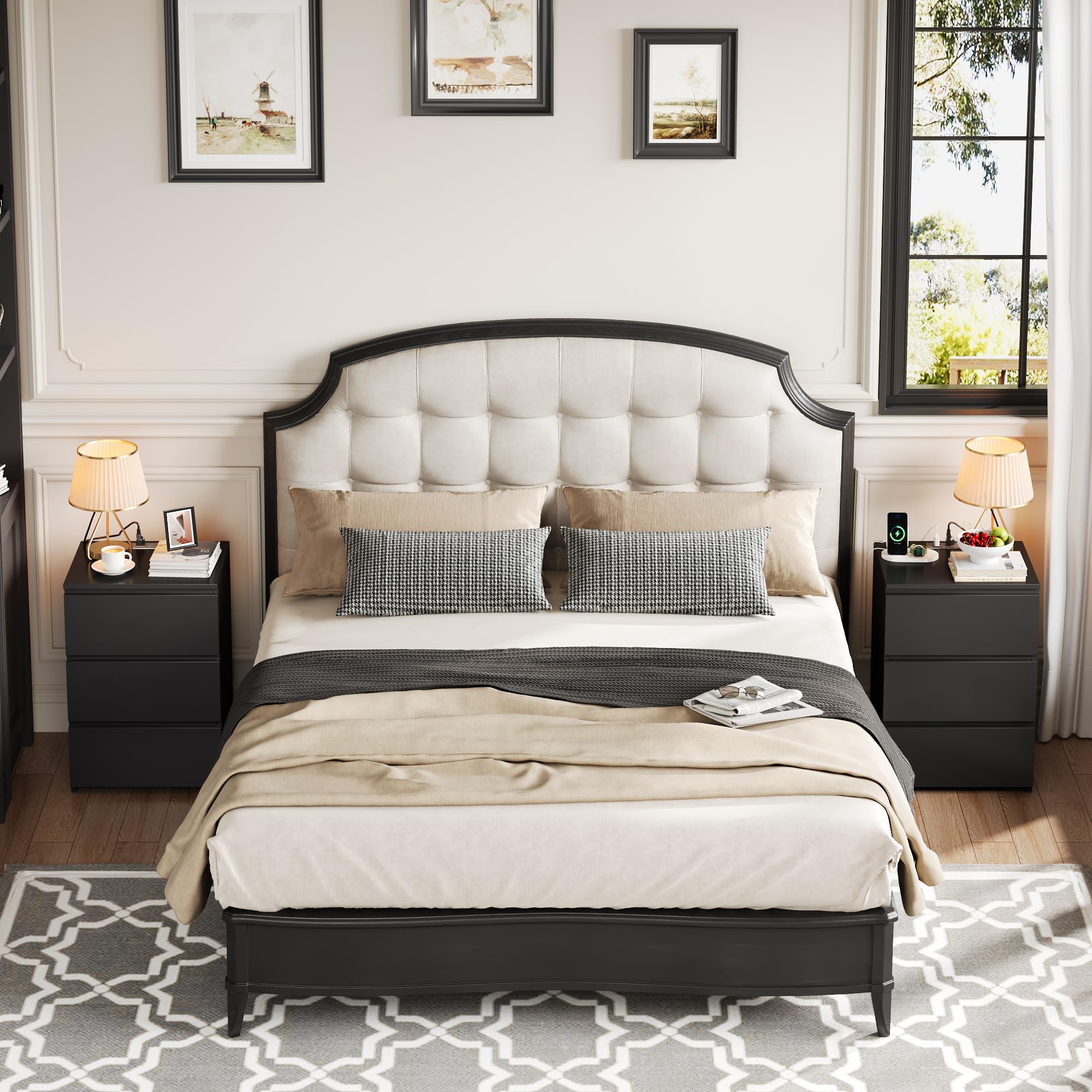 FOTOSOK Black Nightstand, 26" H Black Night Stand with Charging Station, Black Nightstand with USB Ports & Power Outlets, Silent Slides, Wooden End Side Table Bedside Table with 3 Drawers for Bedroom