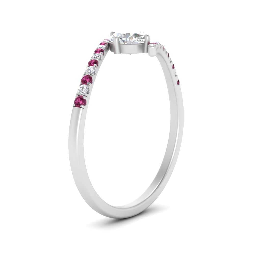 CustomizedGifts Bypass Modern Round Diamond Ring sterling silver Created Pink Sapphire Round shape Pink color Side Stone Engagement Rings prong Setting in Size 11 Casual Wear for Gift