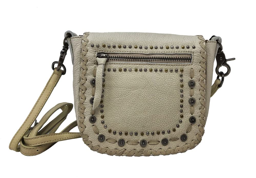 MMontana West Real Leather Messenger Purse Crossbody Purse Conchos Stitching Beige