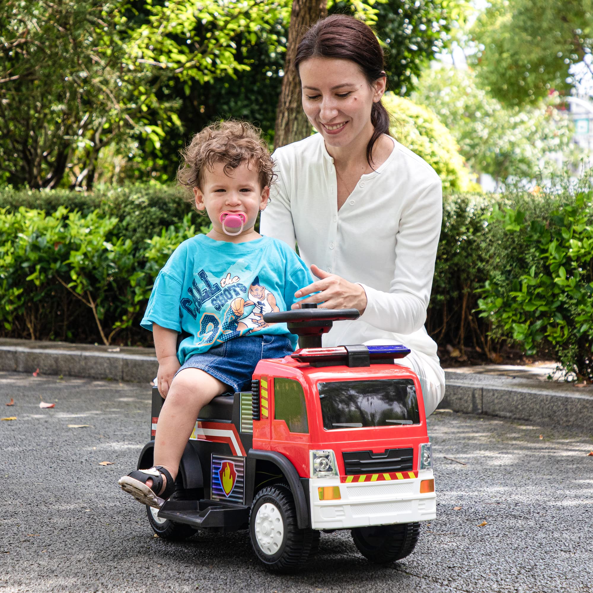 TOBBI 6 Volt Rechargeable Battery Powered Ride On Electric Fire Truck Vehicle with Working Lights and Siren for Ages 3 Years & Up