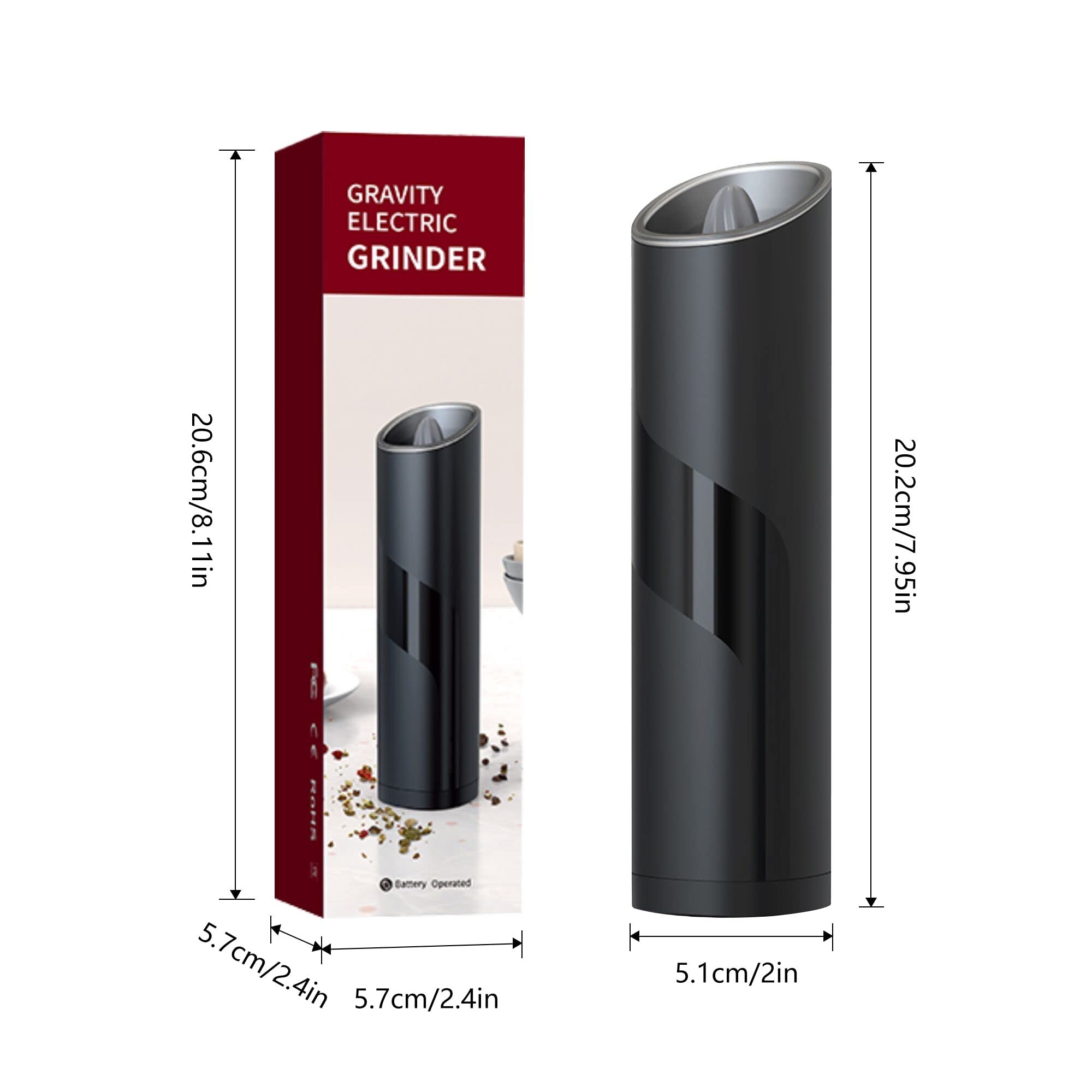 Electric Pepper Salt Grinder Gravity Automatic Spice Grinder Battery Powered Pepper Mill with LED Light Adjustable Coarseness One Hand Operation for Kitchen Resturant Camping BBQ Black
