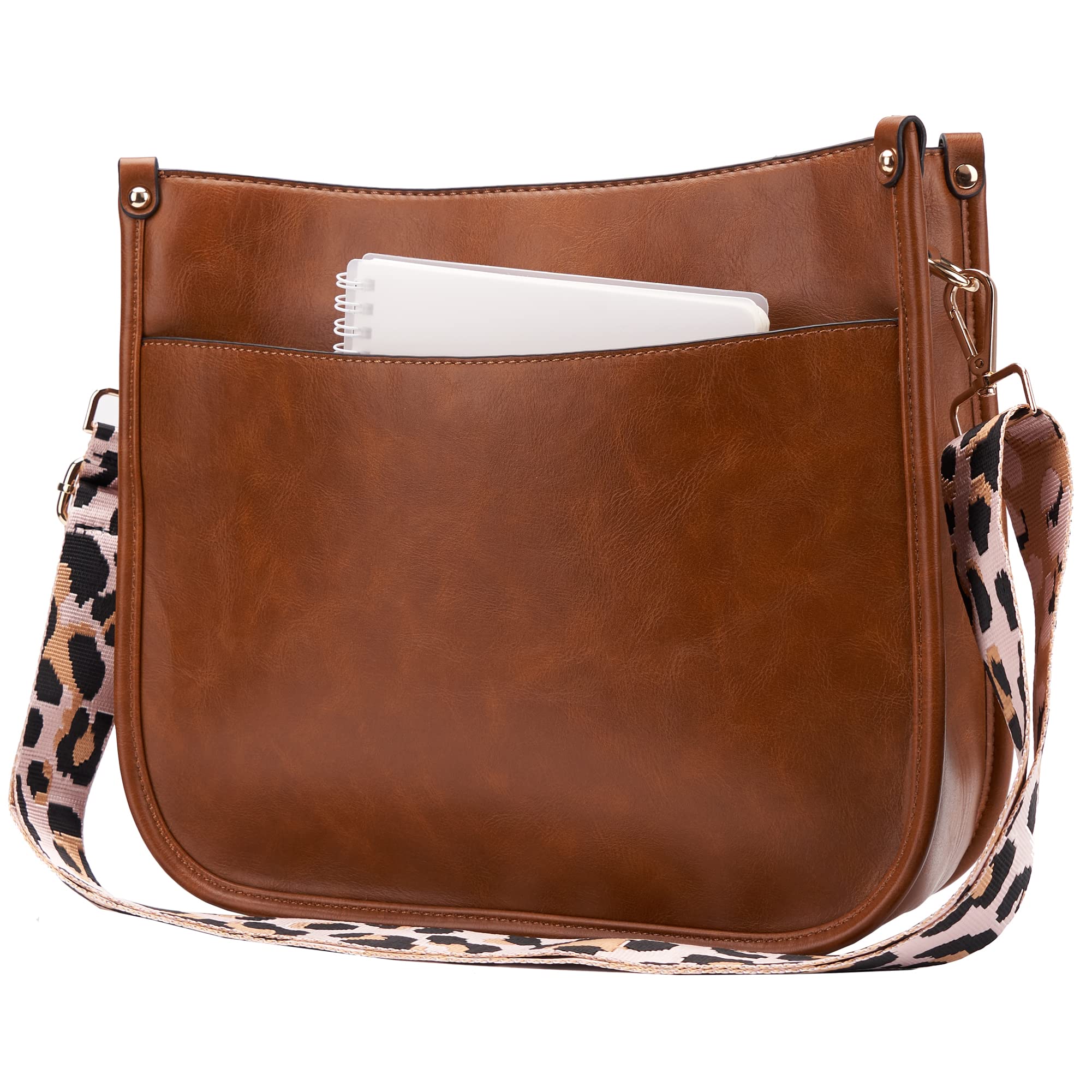 Erihop Vegan Leather Crossbody Bags for Women, Top Zipper Closure Cross Body Purses with Interchangeable Leopard Strap, Brown