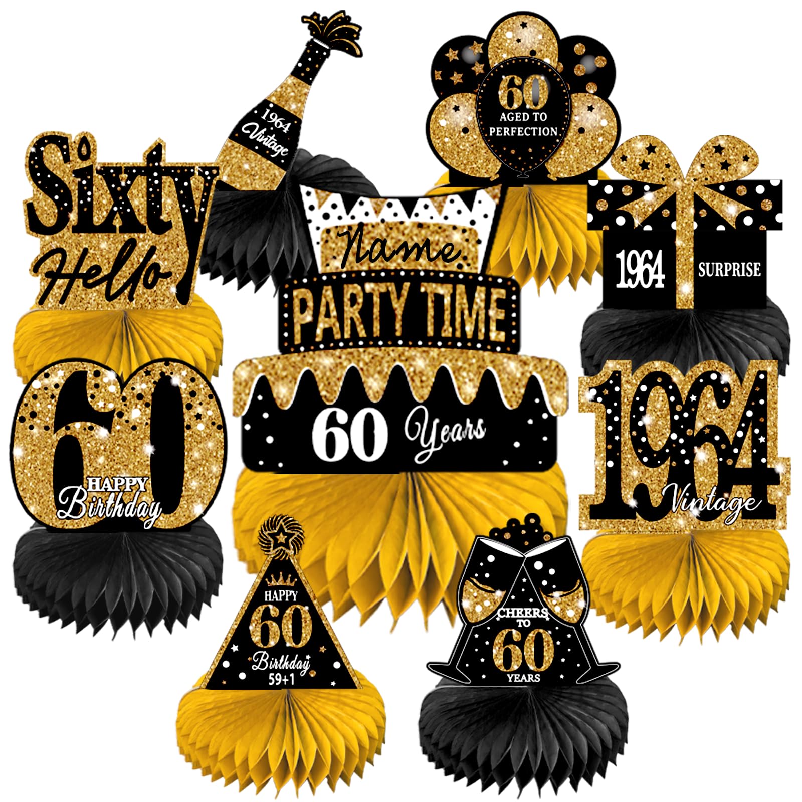 LINAYE 60th Birthday Decorations for Men Women, Black and Gold Honeycomb Centerpieces for 60 Year Old Birthday Party,60th Birthday Centerpieces for Table,Vintage Sixty Birthday Decoration Decor