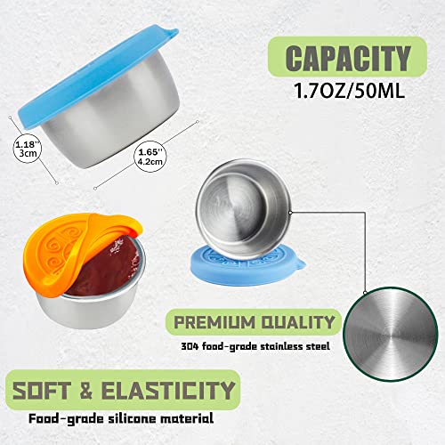 Jeadiuwe Salad Dressing Container To Go 6 x 1.7 oz Set,Reusable Small Stainless Steel Condiments Containers with the silicone Lids,Reusable Leakproof Sauce Containers for Lunch Box Leak Proof