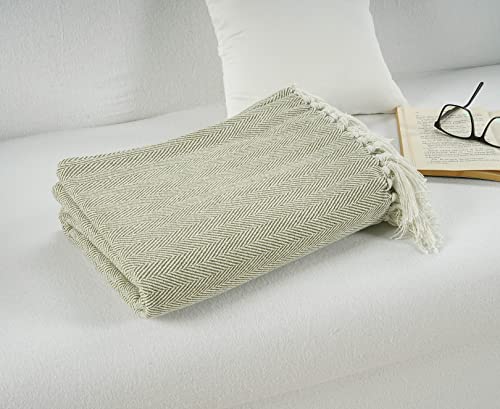 LANE LINEN Super Soft Throw Blanket for Couch & Bed - Classic Herringbone Weave with Tassel Cotton Lightweight Breathable Durable Cozy Warm β Pack of 2 50βx70β Sage Green