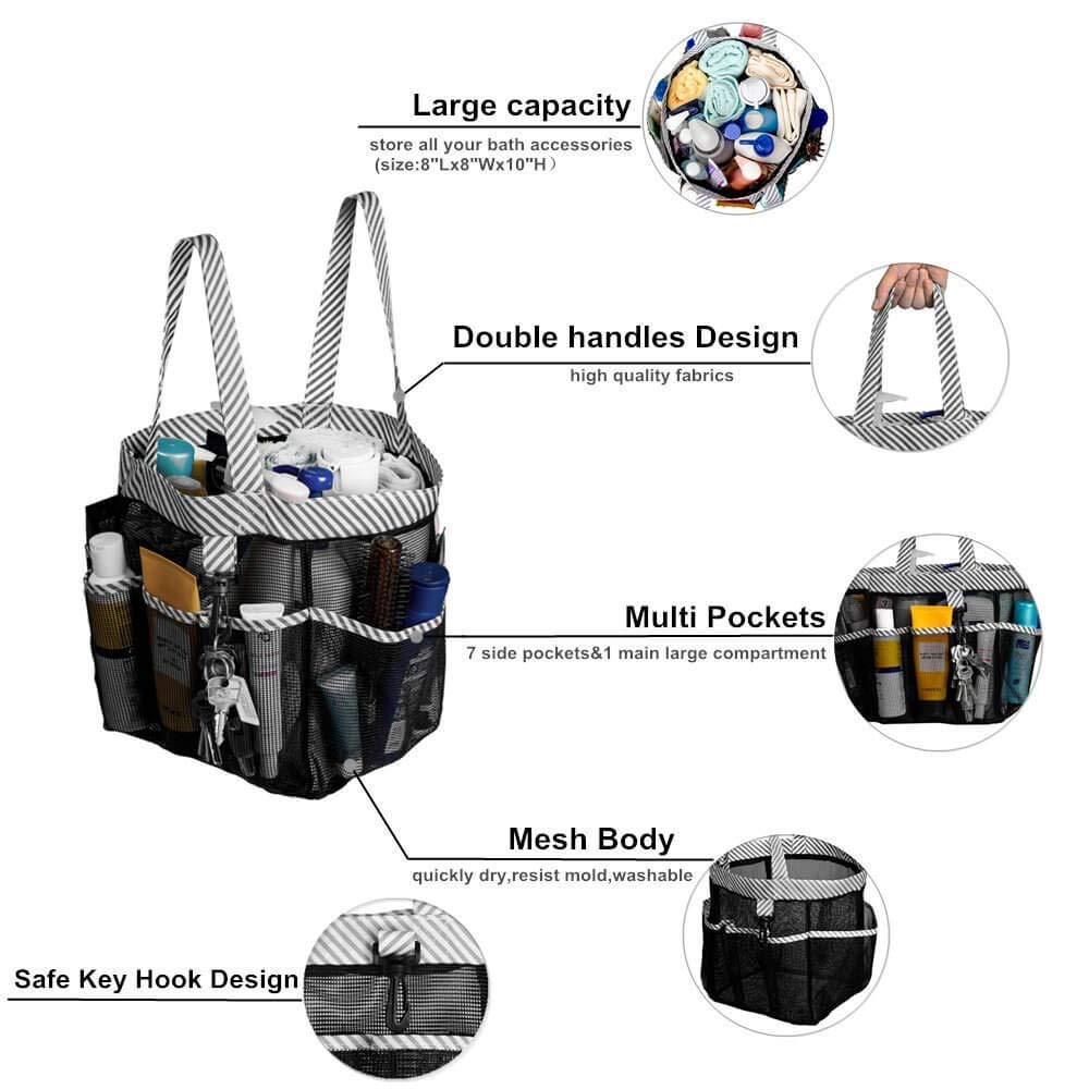 iHomeYC Portable Mesh Shower Caddy, Camping Bathroom Shower Caddy Tote, College Dorm Room Essentials Organizer with Key Hook and 8 Basket Pockets,Black