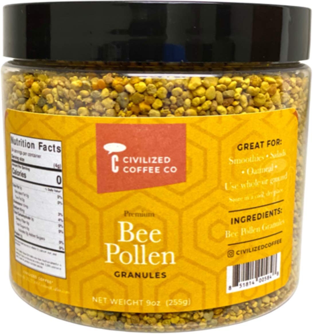 Civilized Coffee Premium Bee Pollen Granules Superfood for Smoothies & Toppings Jar (9 oz)