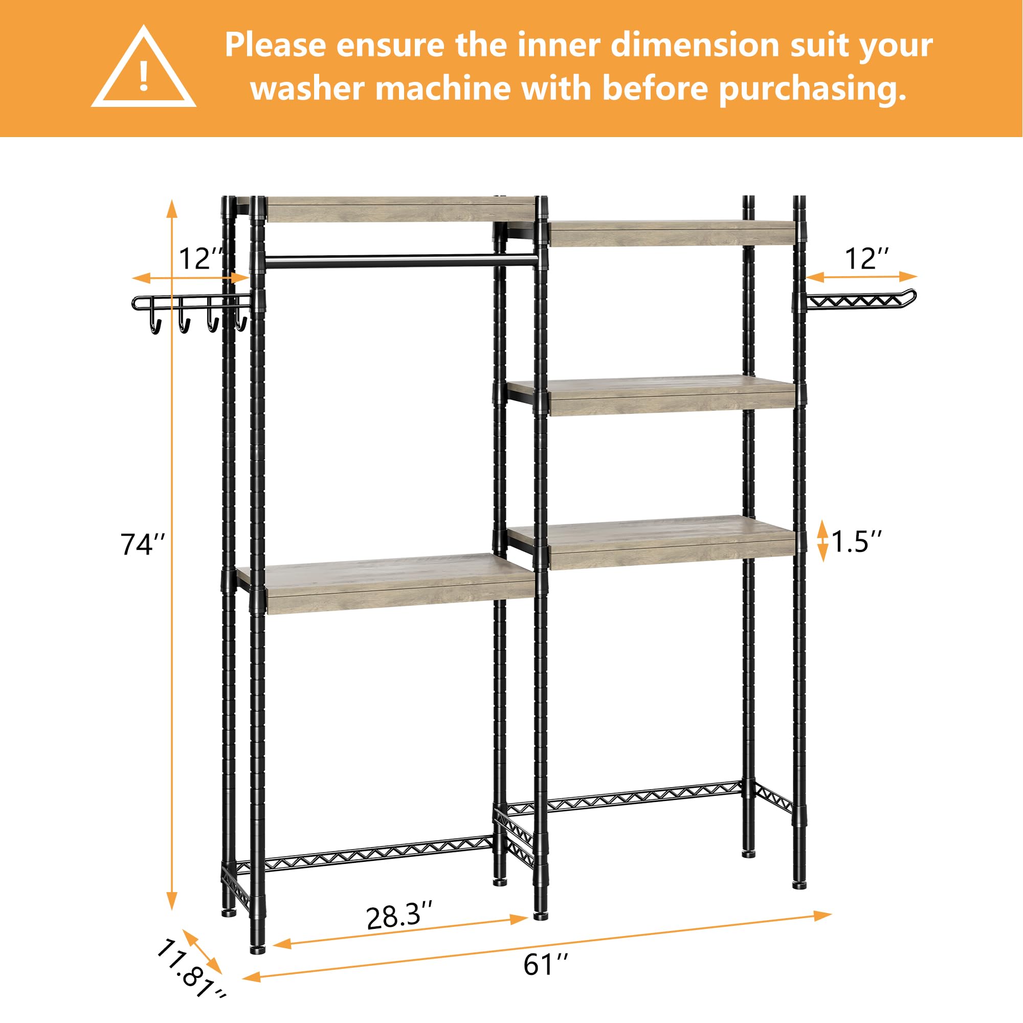 IDEALHOUSE Laundry Room Organization and Storage,5 Tier Wood Over The Washer and Dryer Storage Shelf with Drying Clothes Racks,Space Saver Heavy Duty Bathroom Laundry Shelf for Home Storage and Decor
