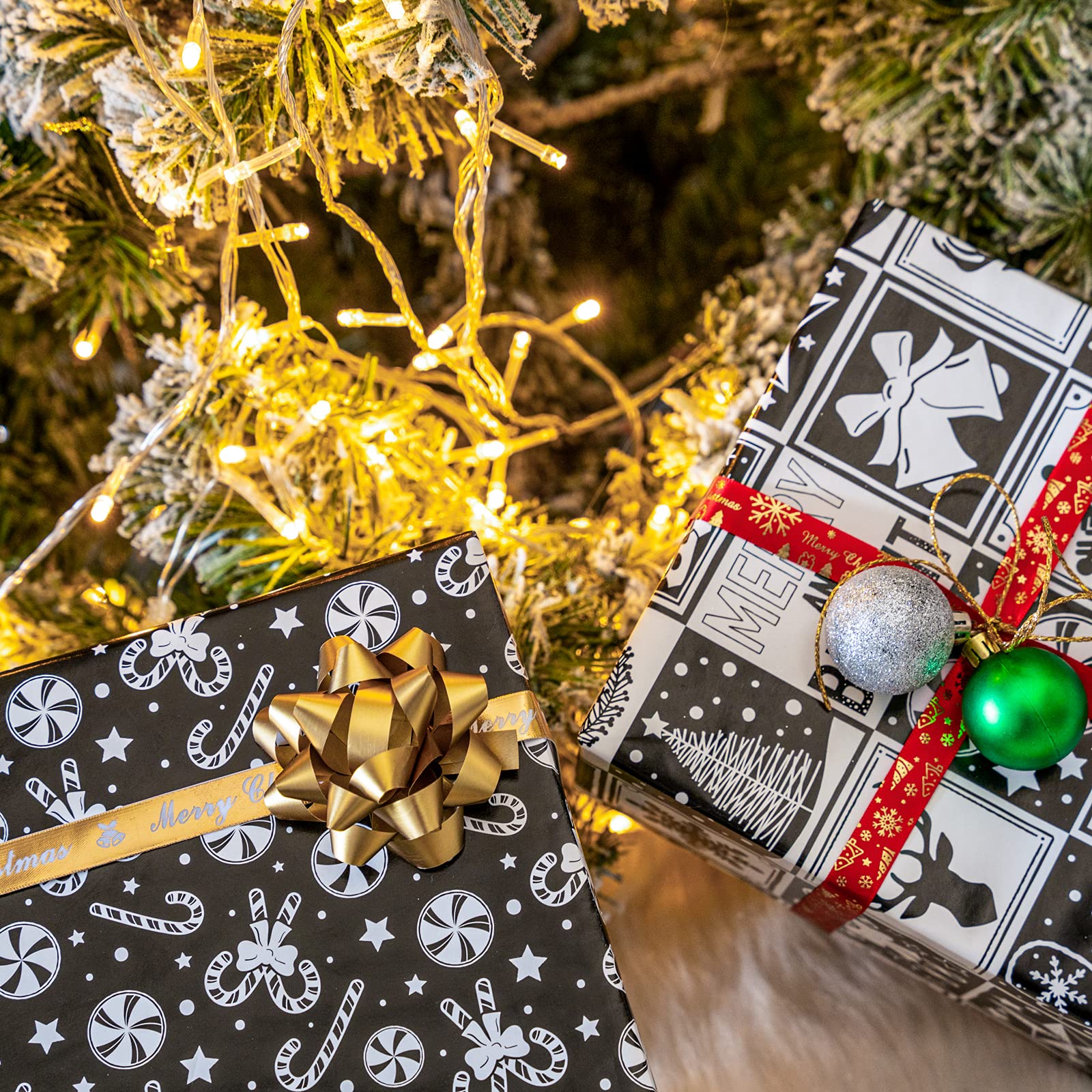 LeZakaa Christmas Wrapping Paper Mini Roll - Bell & Tree/Candy Canes/Snowflakes in Black & White for Gift Wrap, Arts Crafts - 17 x 120 inches - 3 Rolls (42.5 sq.ft.ttl.)