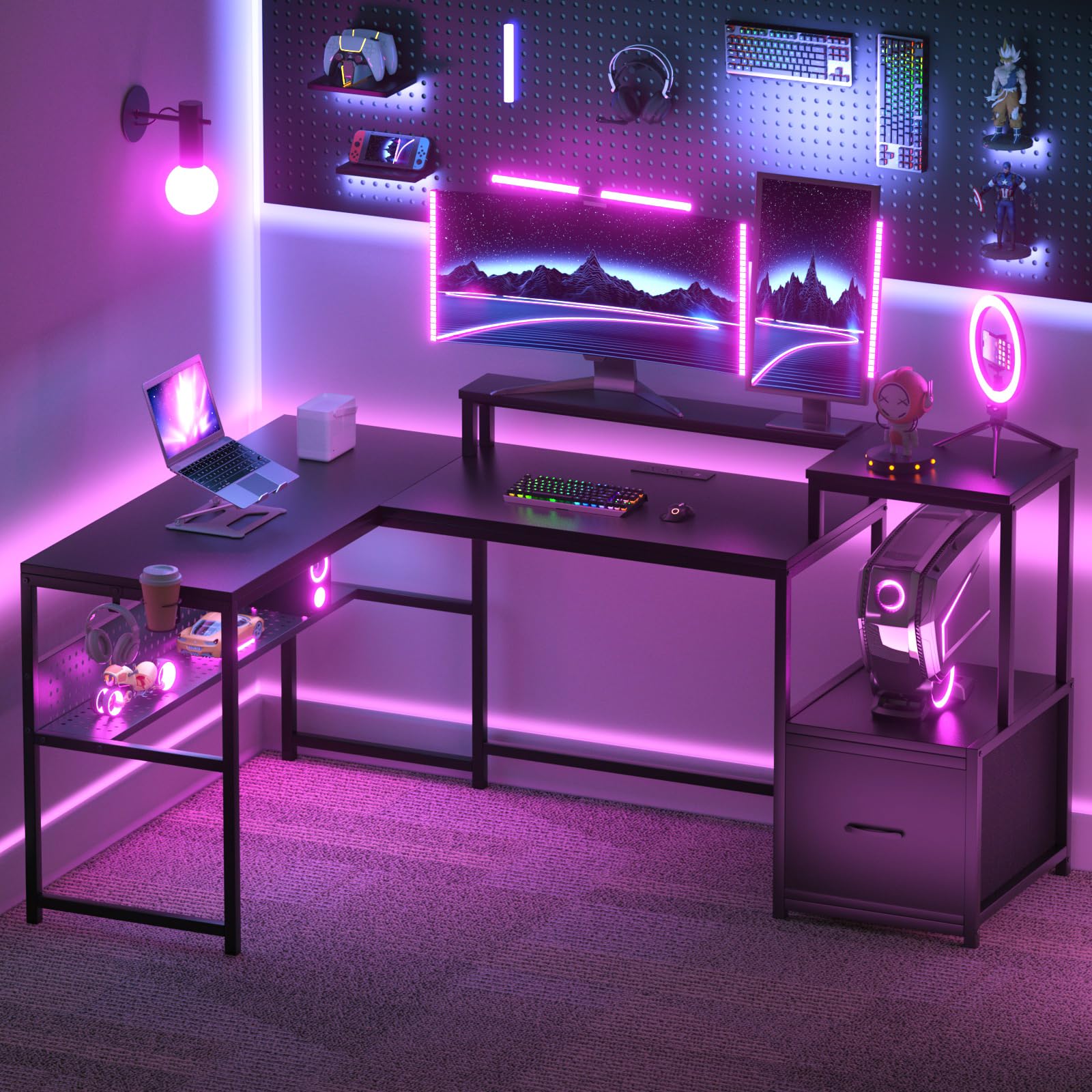 GreenForest 69 inch L Shaped Computer Desk, Corner Desk with Drawers and Power Outlet, Home Office Desk, Gaming Table with Storage and Long Monitor Shelf, Black