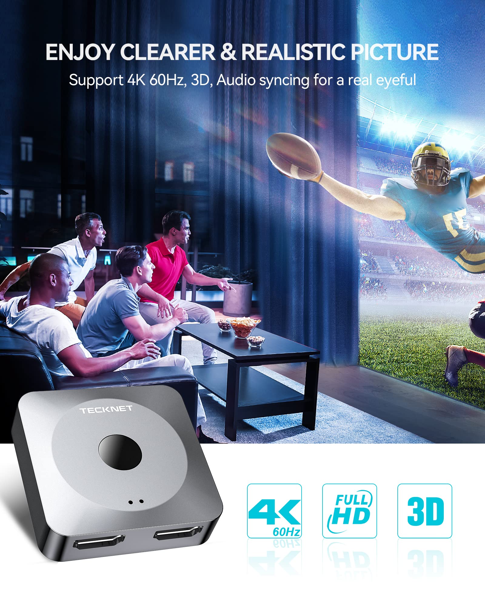 TECKNET HDMI Switch 4k@60hz Splitter, Aluminum Bidirectional HDMI Switcher 2 in 1 Out, Manual HDMI Hub Supports HD Compatible with Xbox PS5/4/3 Blu-Ray Player Fire Stick Roku(Cable is not Included)