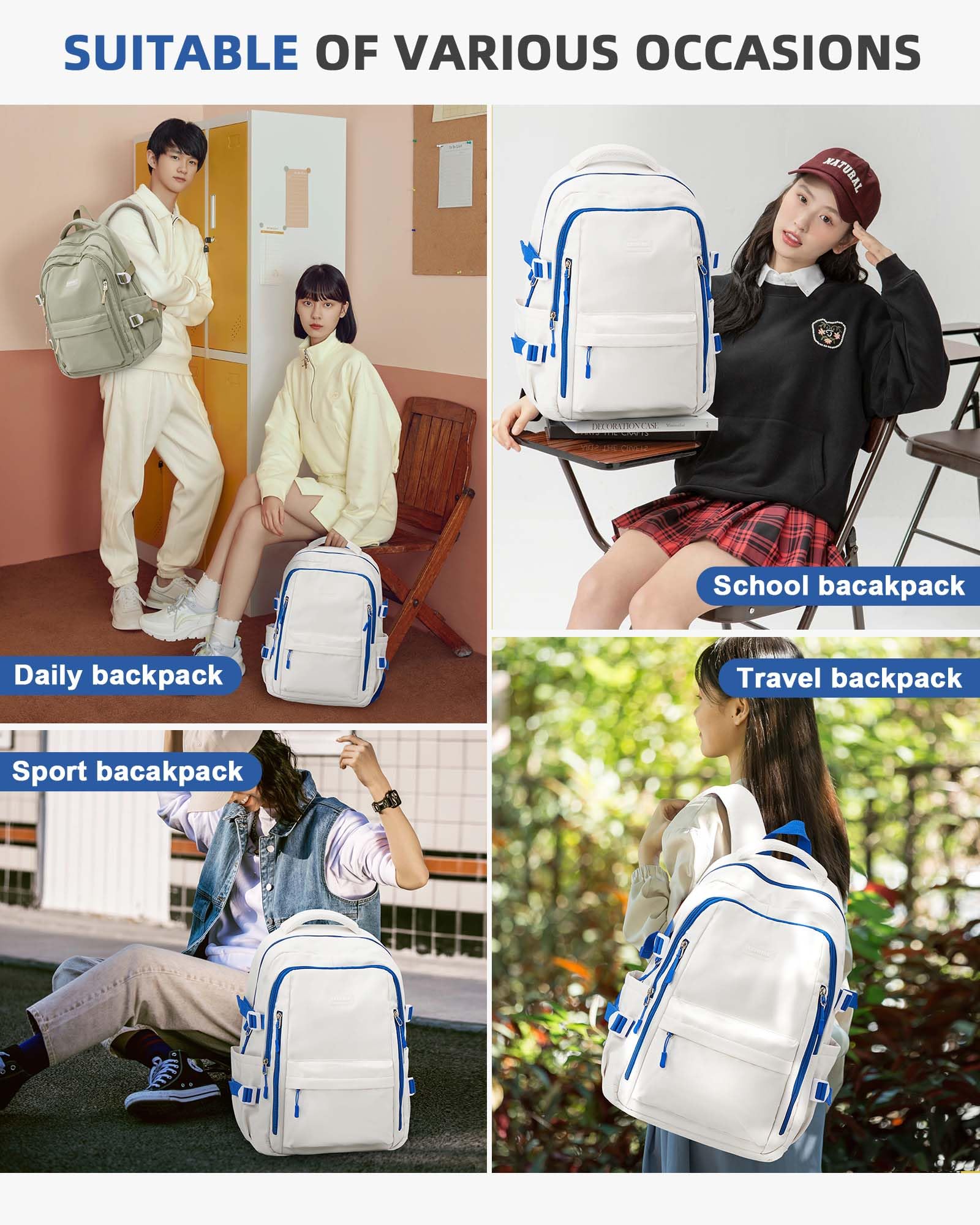 BOXSAM Lightweight Backpack for Women, Large Laptop Travel Backpack Casual Daypack College Bag Rucksack for Men. White