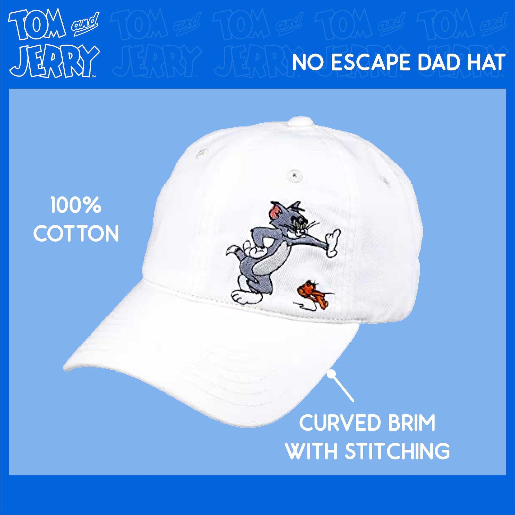 Concept One Unisex Adult Warner Bros Tom and Jerry Hat, No Escape Cotton Adjustable Baseball Cap with Curved Brim, Dad Hat, Beige, One Size US