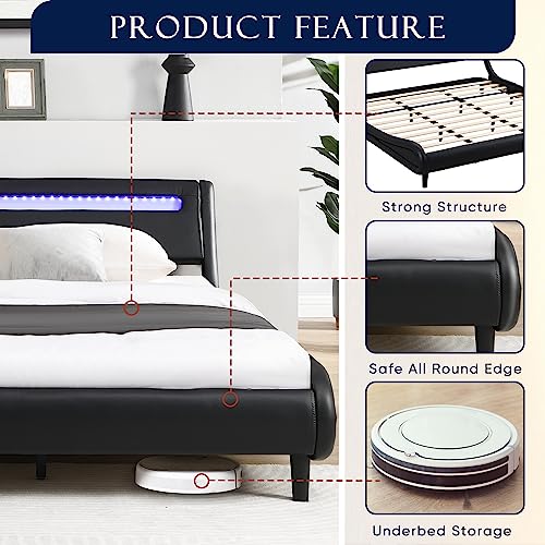 HAUSHECK King Size Upholstered Platform Bed, LED Bed Frame with Lights Headboard, Modern Faux Leather Bedframe No Spring Box Needed for Kids, Teen & Adults, King Beds with Strong Wood Slats Support